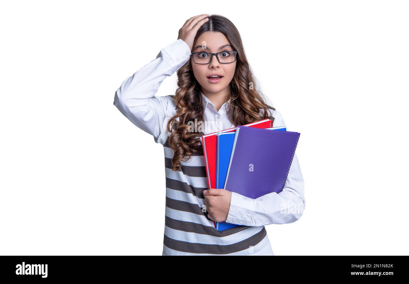 shocked teen girl study at school isolated on white. teen girl study at ...