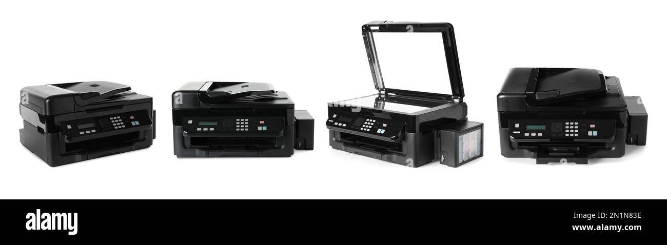Modern multifunction printer on white background, views from different ...