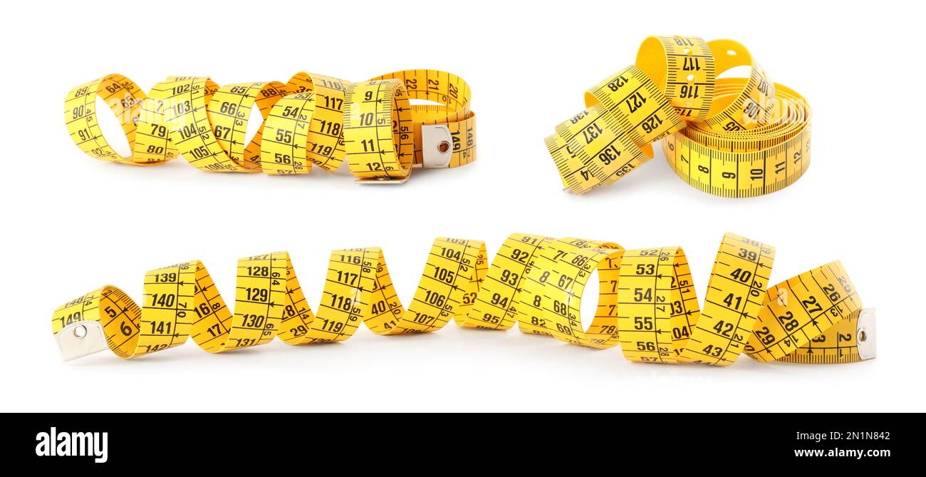 Set of yellow measuring tapes on white background. Banner design Stock ...