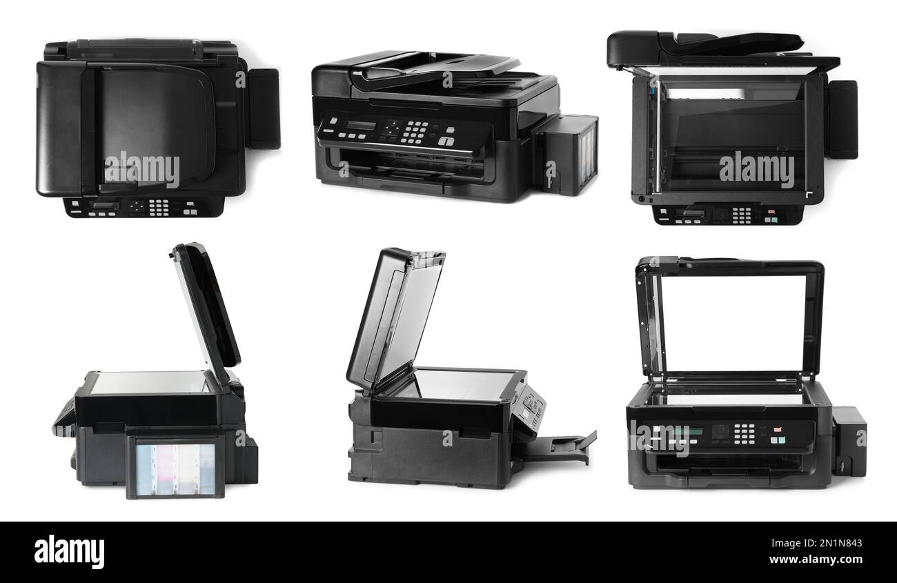 Modern multifunction printer on white background, views from different ...