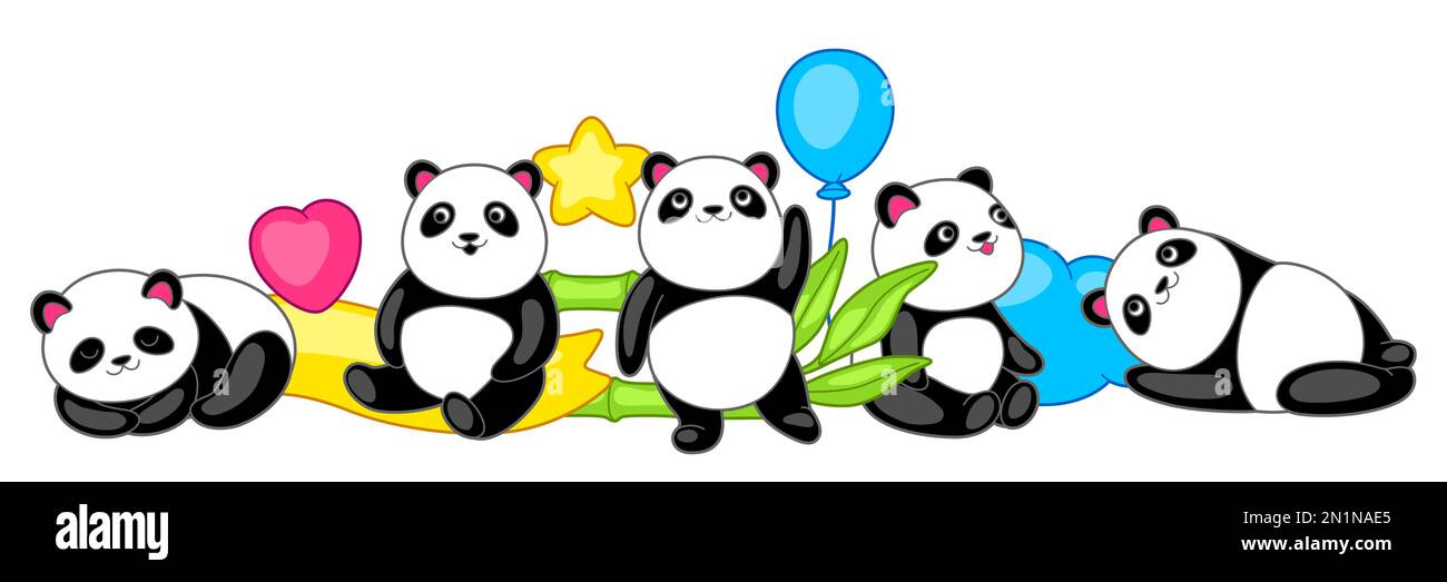 Background with cute kawaii little pandas. Funny characters and ...