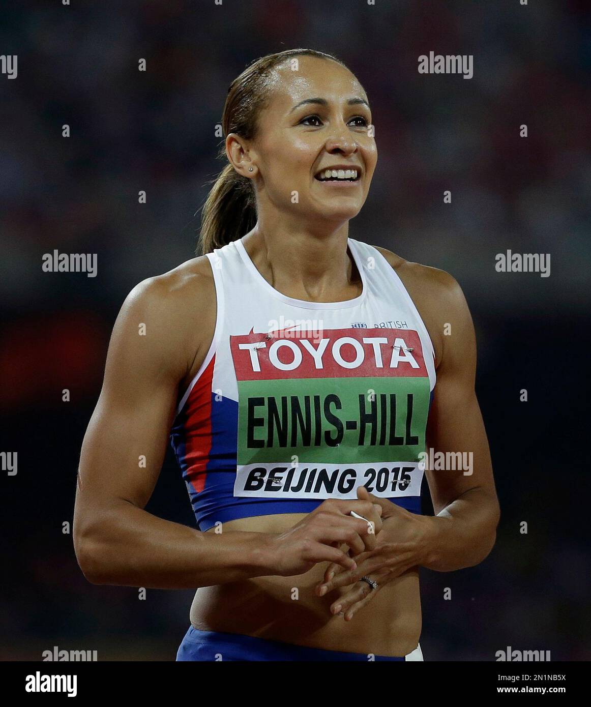 Britain's Jessica Ennis-Hill smiles after running in the women’s 200m ...