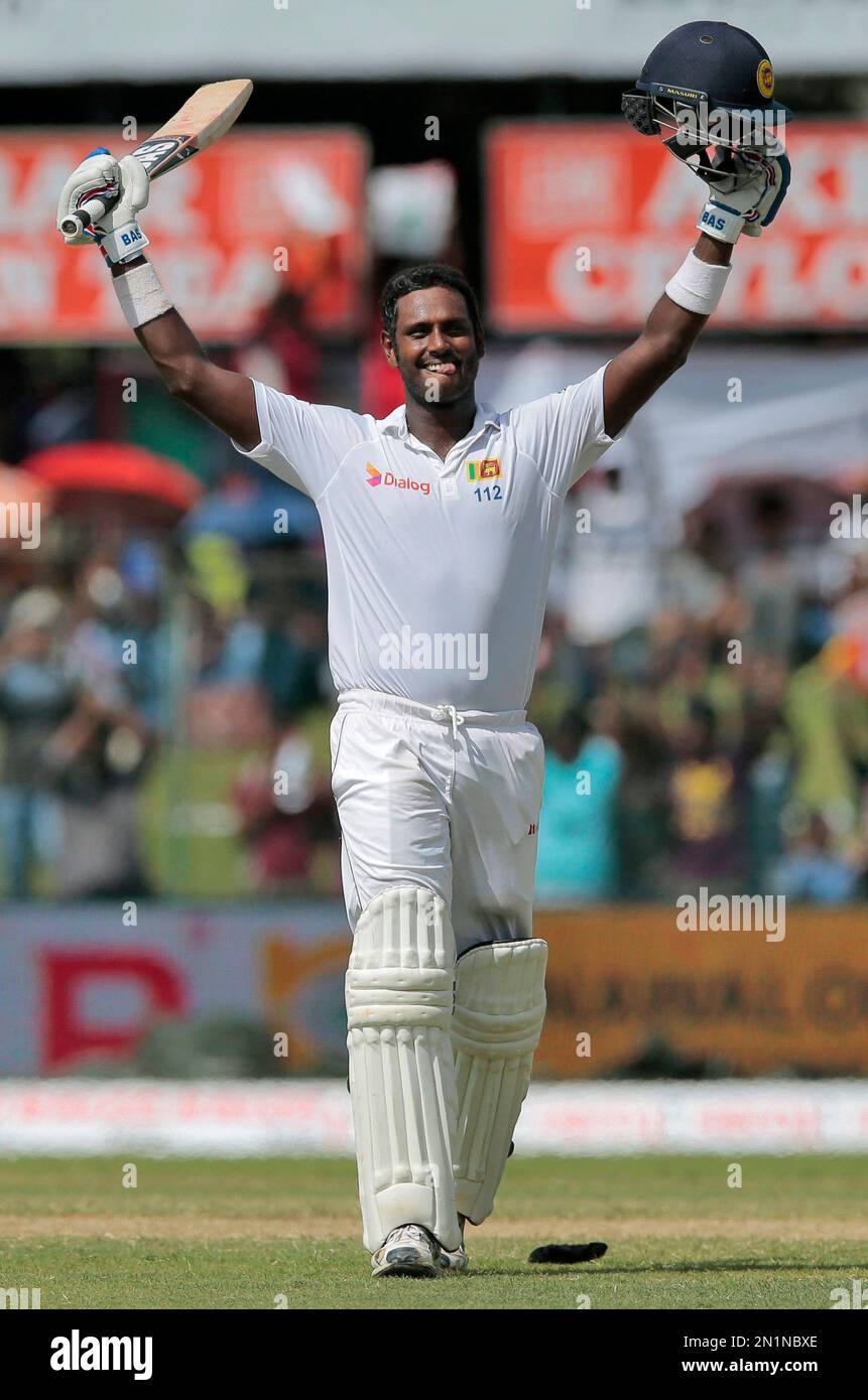Sri Lanka's captain Angelo Mathews acknowledges the crowd as he ...