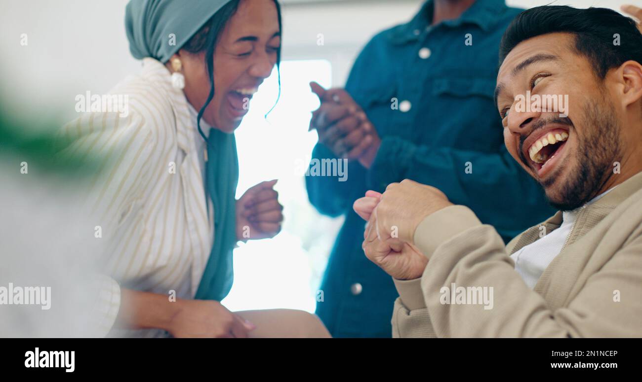Businessman, dancing or success clapping for company growth, sales deal ...