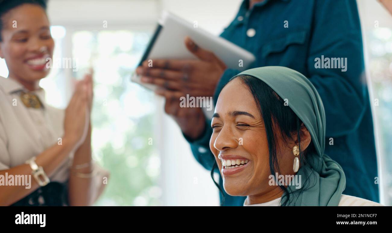 Success, applause and woman with feedback in office at startup business ...