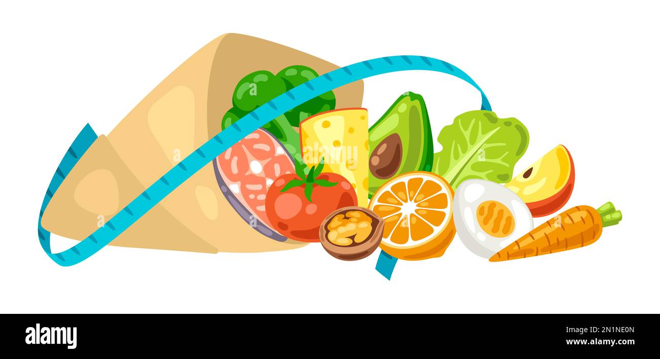 Illustration of package with food. Healthy eating and diet meal. Fruits ...