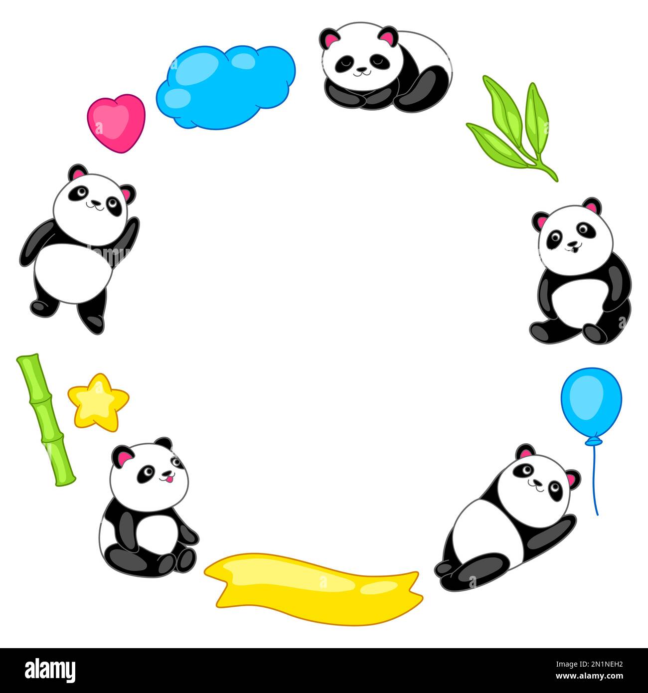 Frame with cute kawaii little pandas. Funny characters and decorations ...
