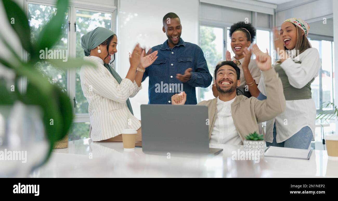 Dancing businessman, laughing or success clapping in company growth ...