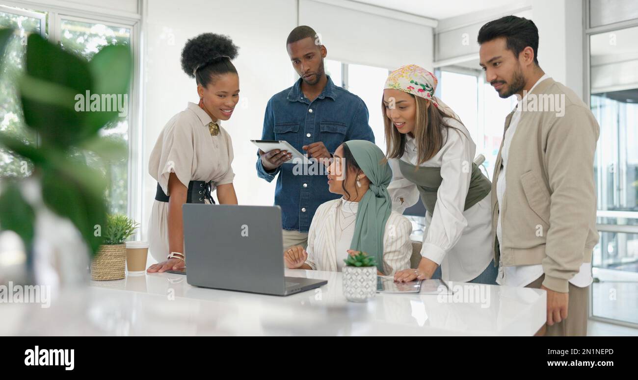 Coaching, collaboration and training, team at laptop in discussion on ...