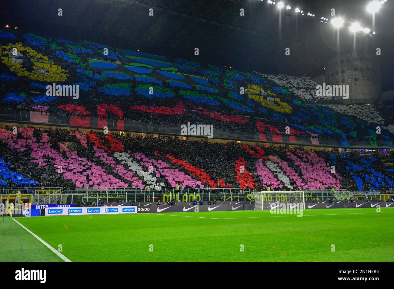 Milano, Italy. 05th Feb, 2023. The fans of Inter seen with a giant tifo ...
