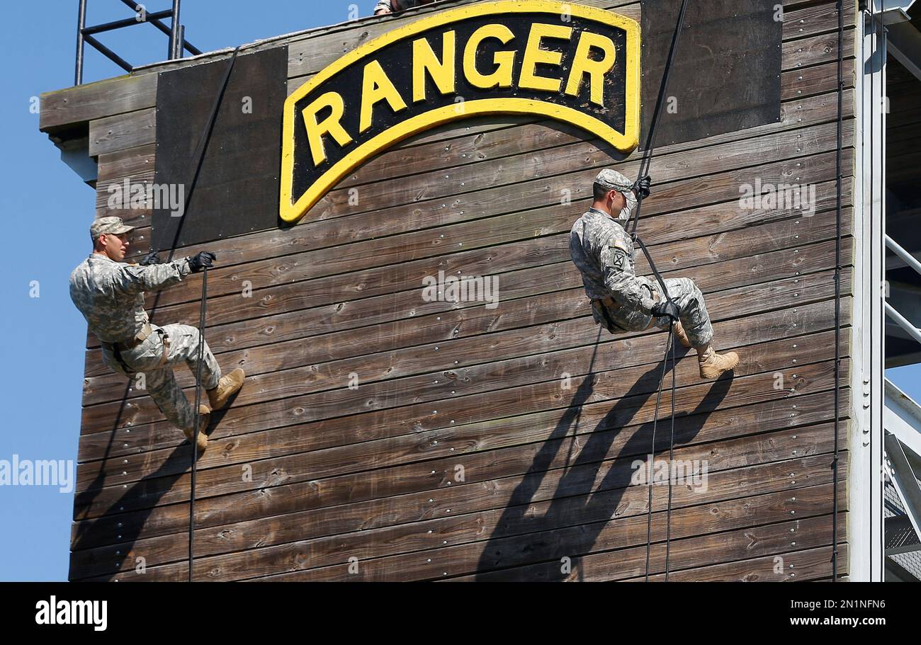 U.S. Army Rangers repel from a tower during demonstration during Army ...