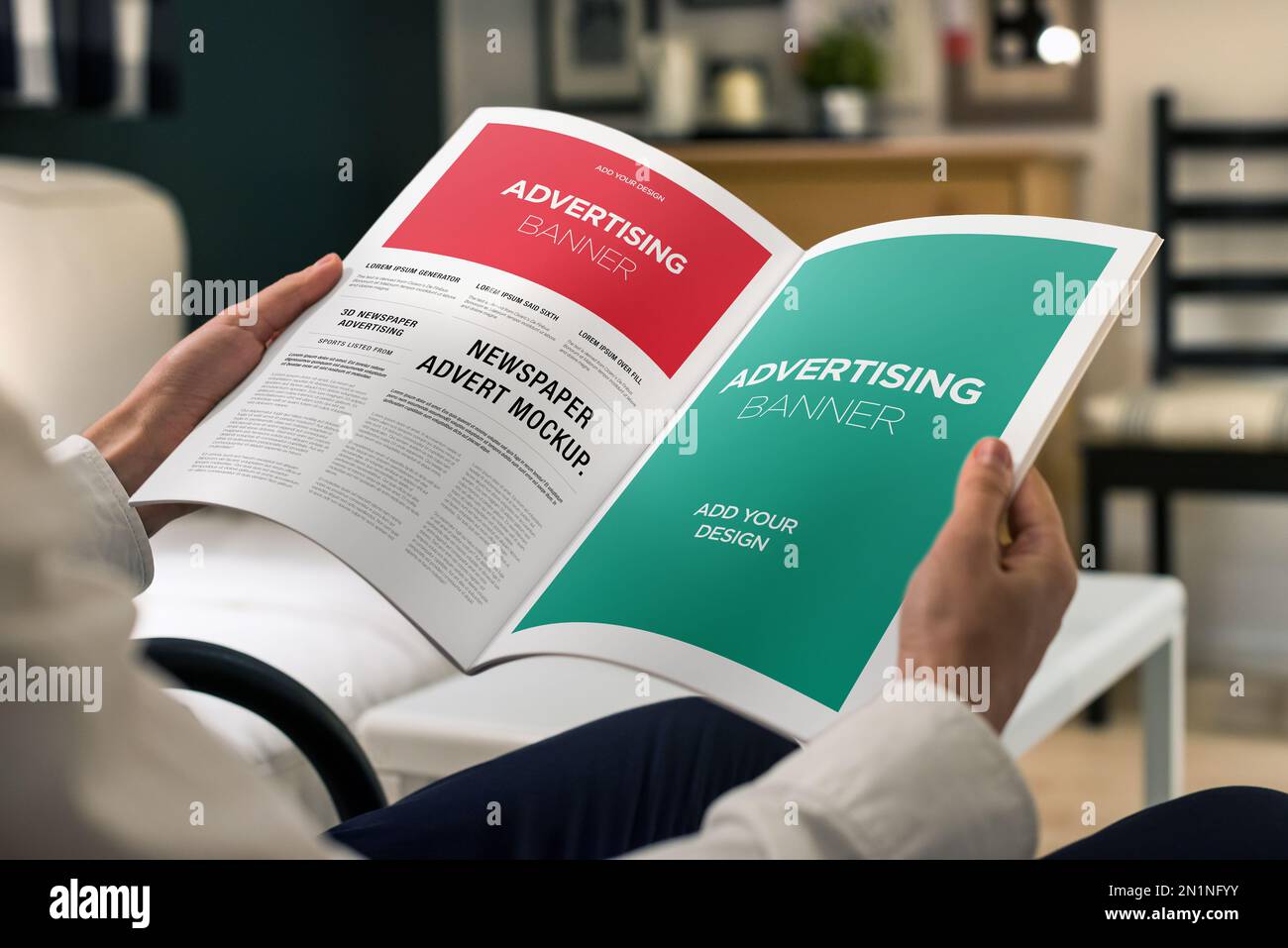 Advertising Banner on Magazine, Brochure Mockup With Hands Stock Photo ...