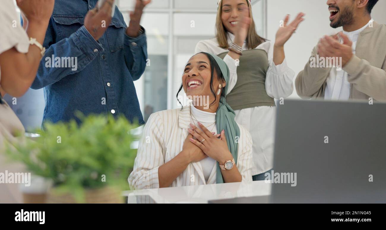 Success, applause and thank you, achievement for woman in office at ...