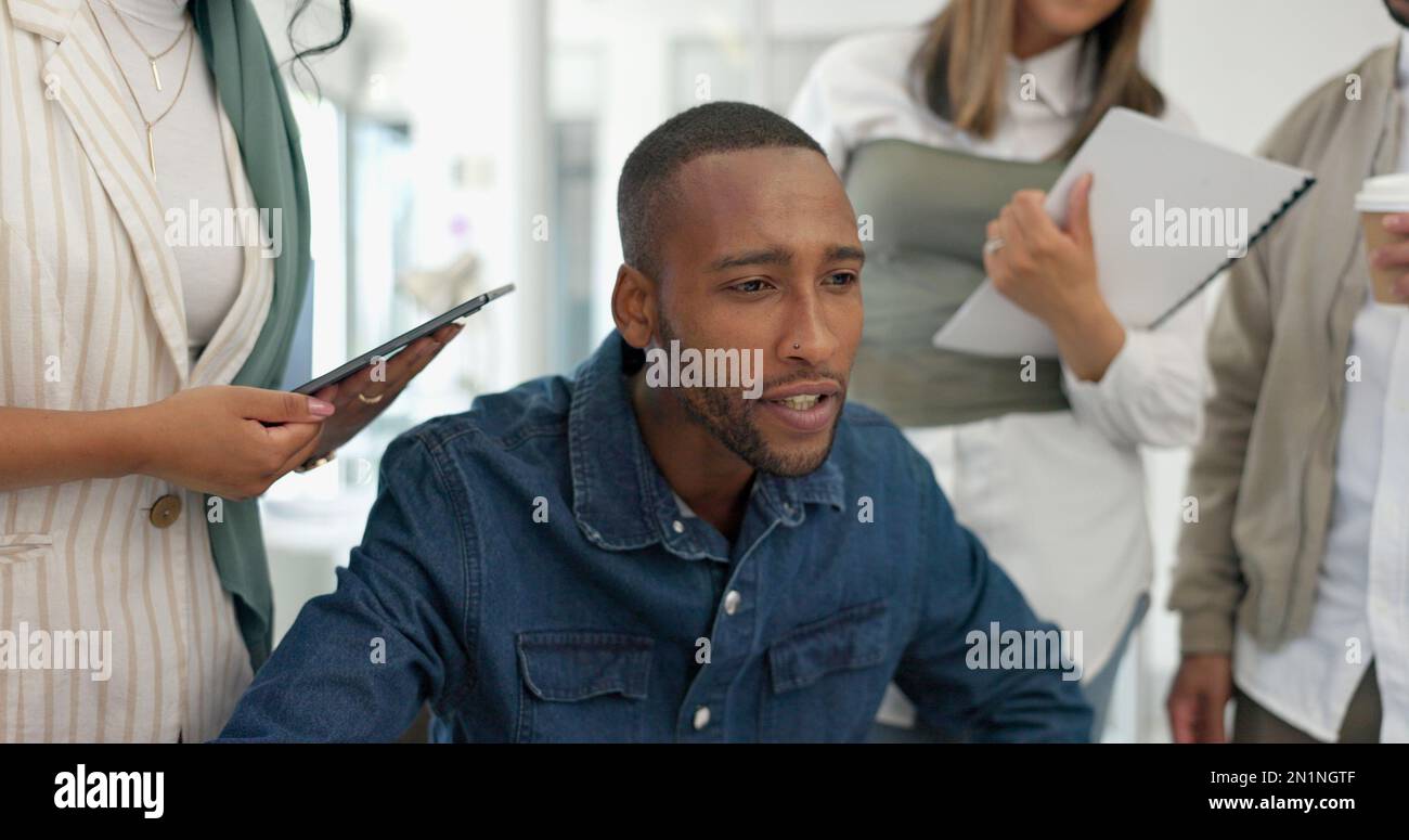 Teamwork, coaching and group of employees at laptop in discussion on ...