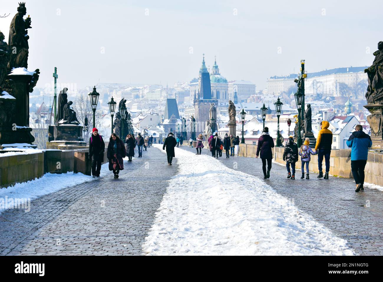 Charles Bridge with its statuette, Lesser Town Bridge Tower and the ...