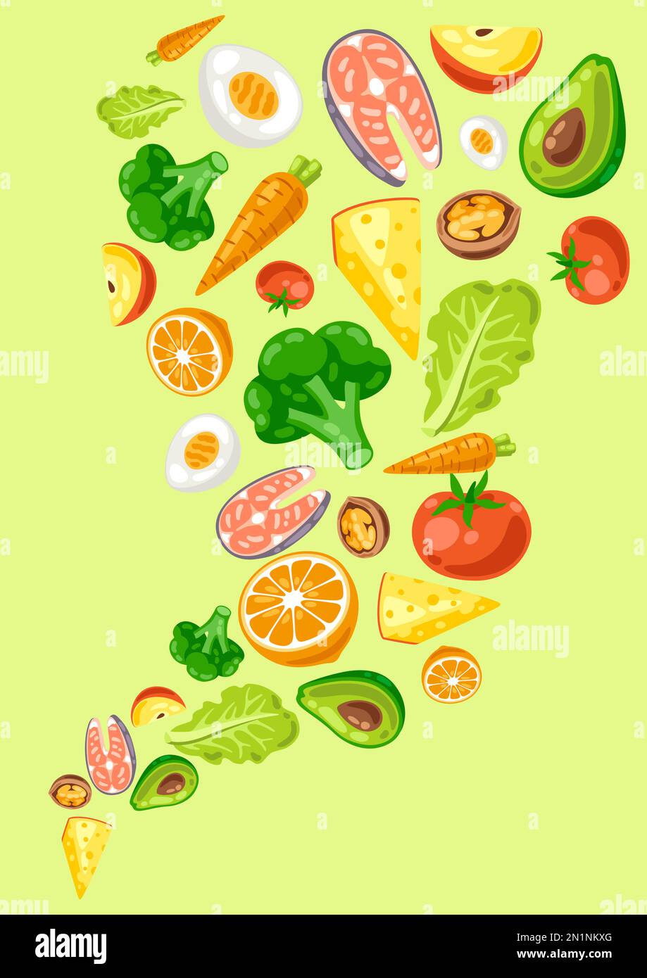 Background with healthy eating and diet meal. Fruits, vegetables and ...