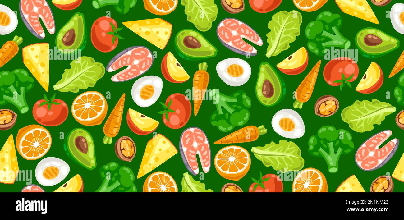 Seamless pattern with healthy eating and diet meal. Fruits, vegetables ...