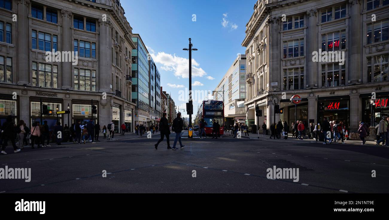 London - 03 17 2022: View of Oxford Circus junction with perspective on ...