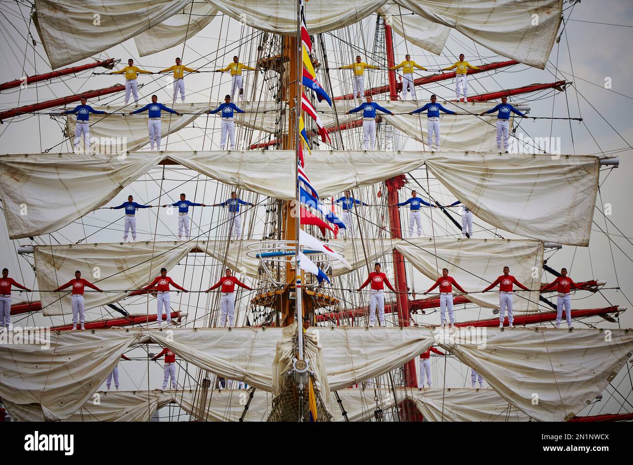 Sailors stand in the rigging of Colombian tall ship ARC Gloria as it ...