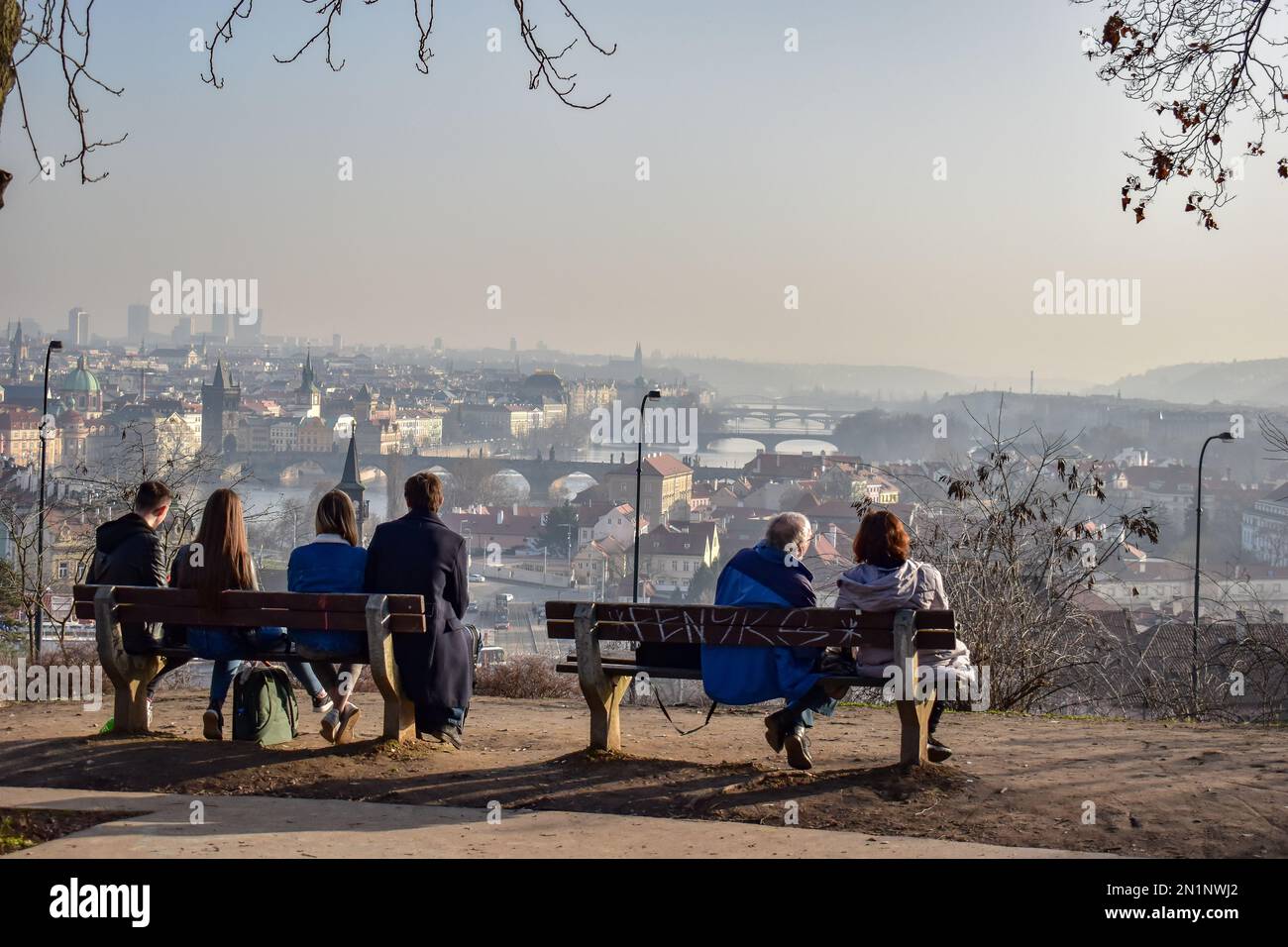 Sunny park bench in Letna Park in Prague Stock Photo - Alamy