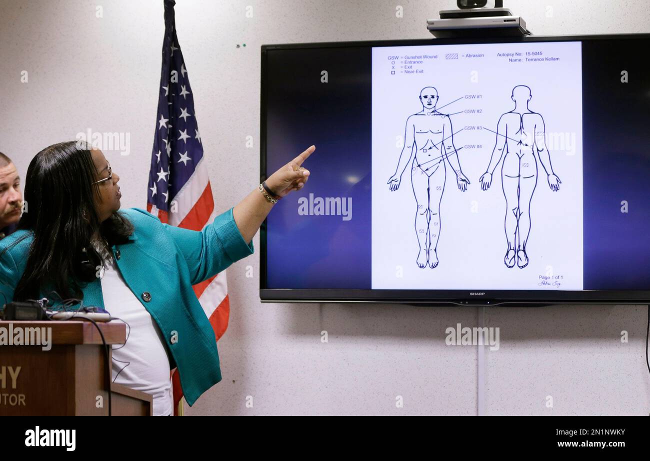 Wayne Country Prosecutor Kym Worthy points to an autopsy report during ...