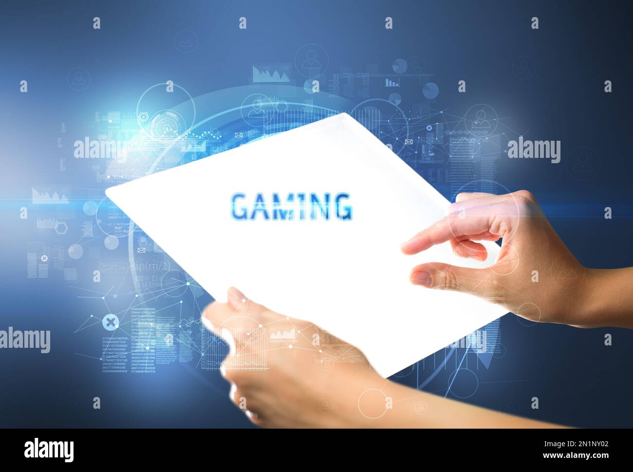 Hand holdig futuristic tablet , technology concept Stock Photo - Alamy
