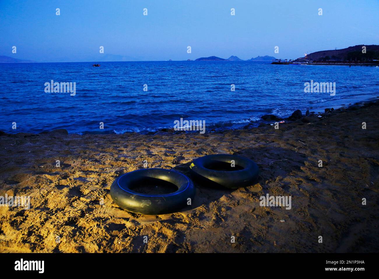 Rubber rings, used by migrants to try to cross on dinghies to the ...