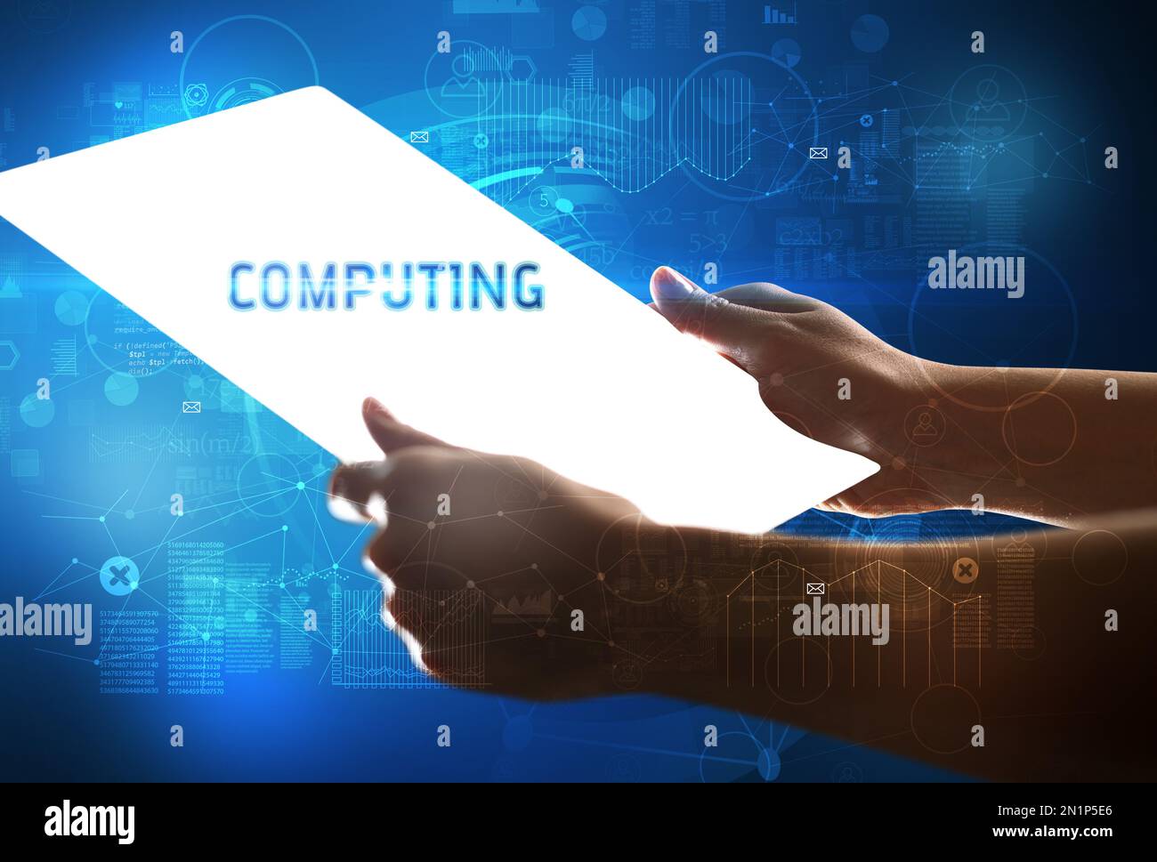 Hand holdig futuristic tablet , technology concept Stock Photo - Alamy