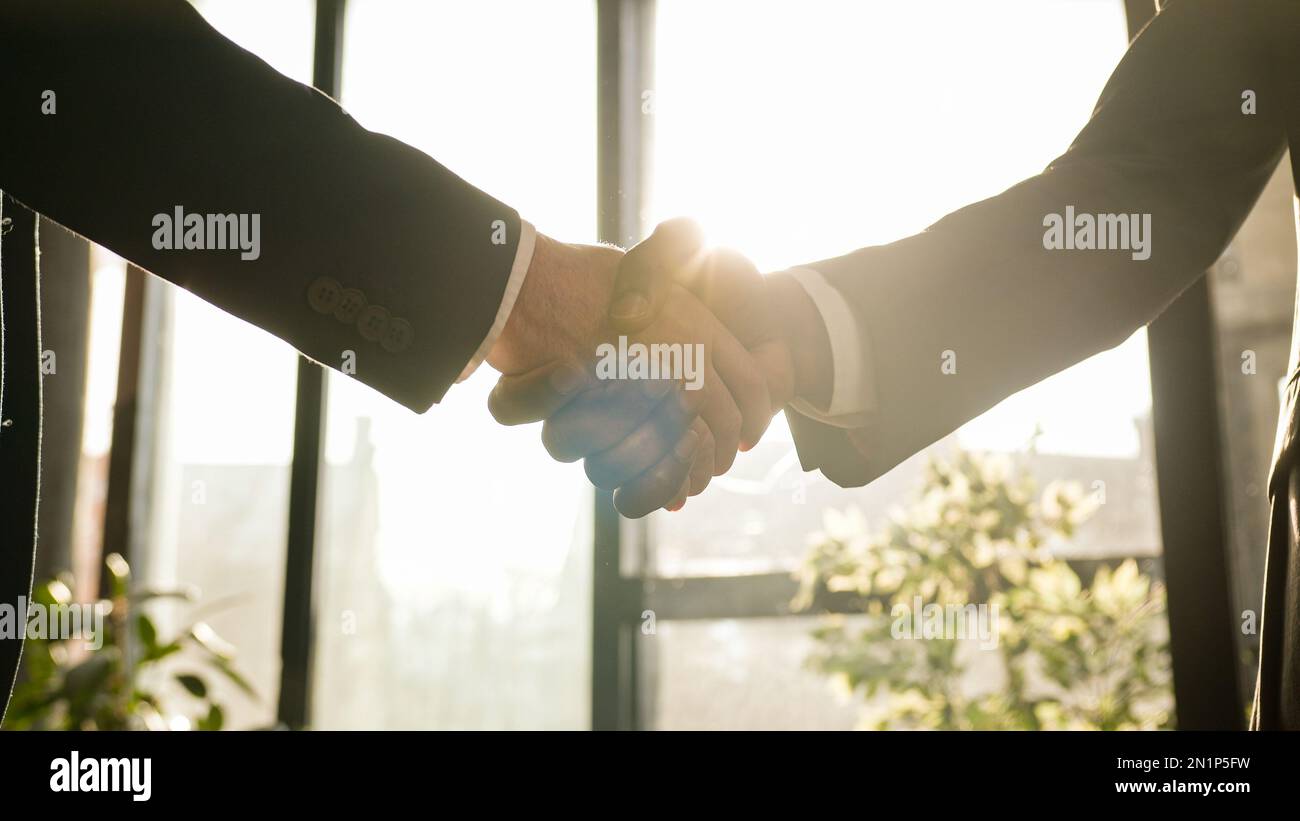 Close-up two men shake hands in office near window sunny sun background ...