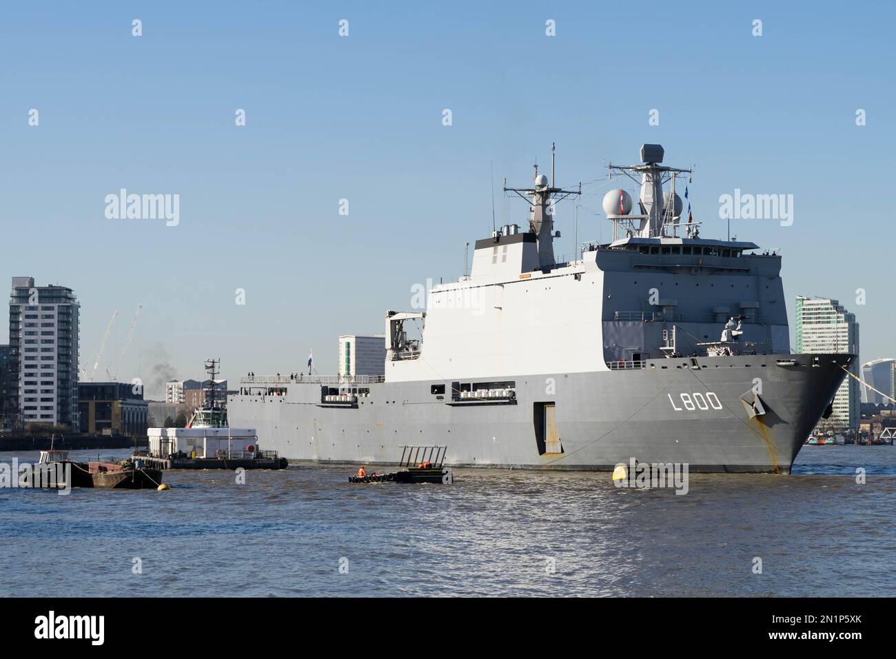London UK. 6th February 2023. Dutch navy warefare ship HNLMS Rotterdam leaving Greenwich after a ...