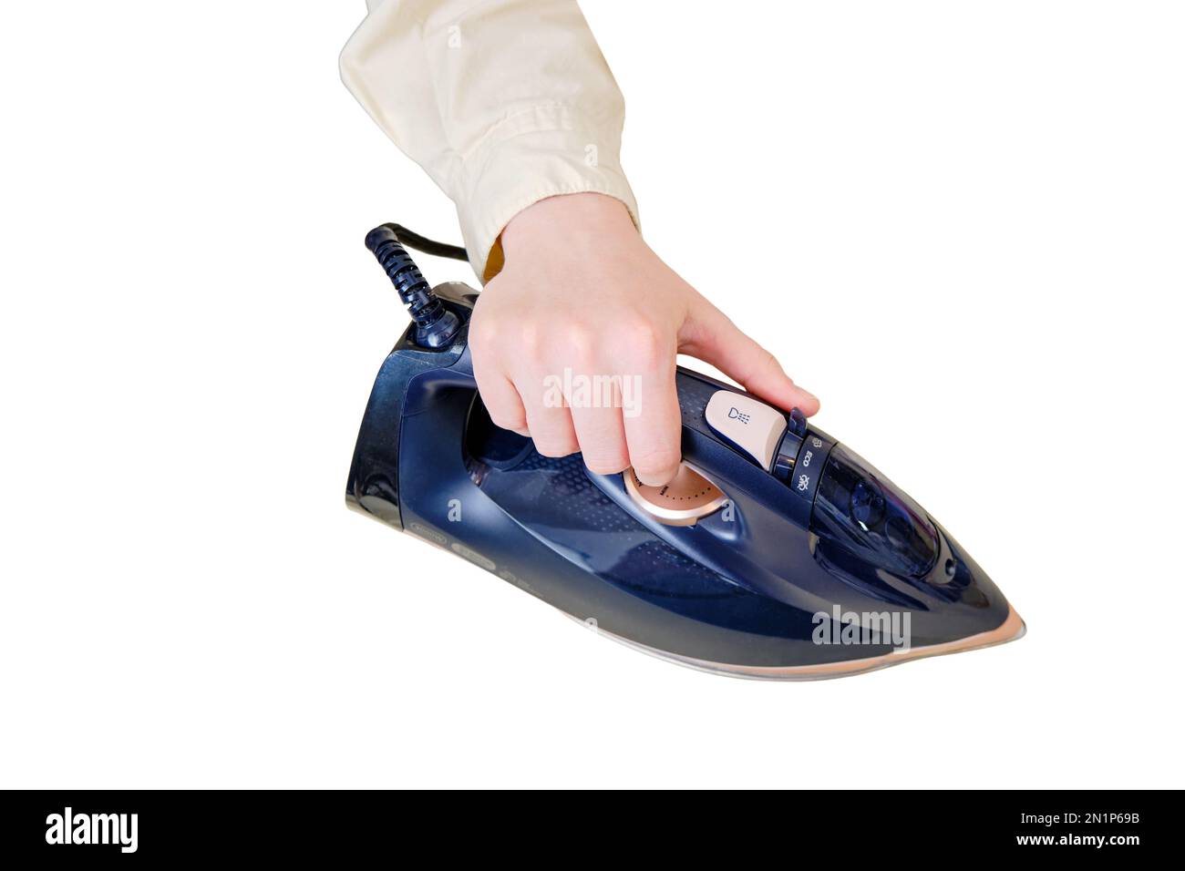 A woman hand with a dark blue iron and an ironing board, isolated on a ...