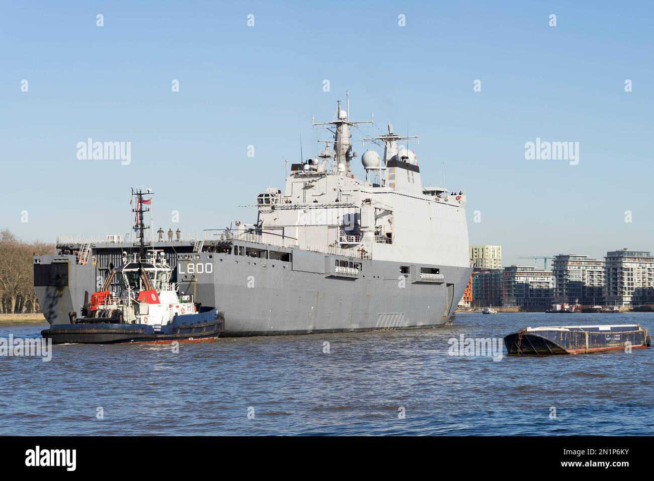 London UK. 6th February 2023. Dutch navy warefare ship HNLMS Rotterdam leaving Greenwich after a ...