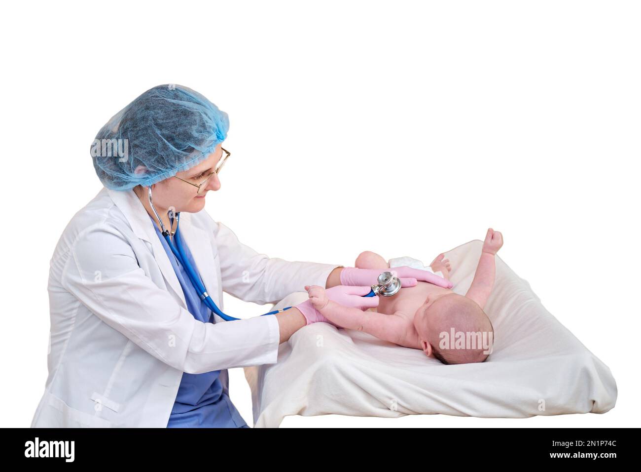 Woman doctor listens with a stethoscope to a newborn baby, isolated on ...