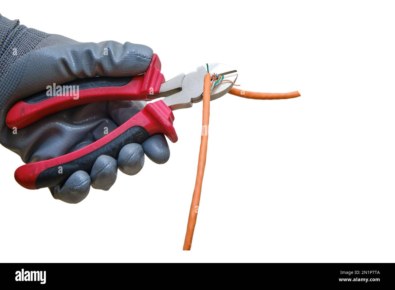 Cutting the computer network wire in the office in pieces, isolated on ...