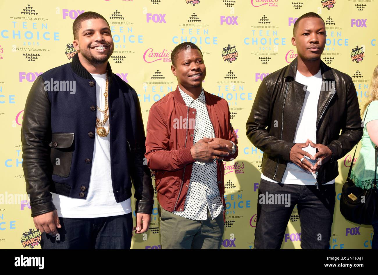 O'Shea Jackson Jr., from left, Jason Mitchell and Corey Hawkins arrive ...