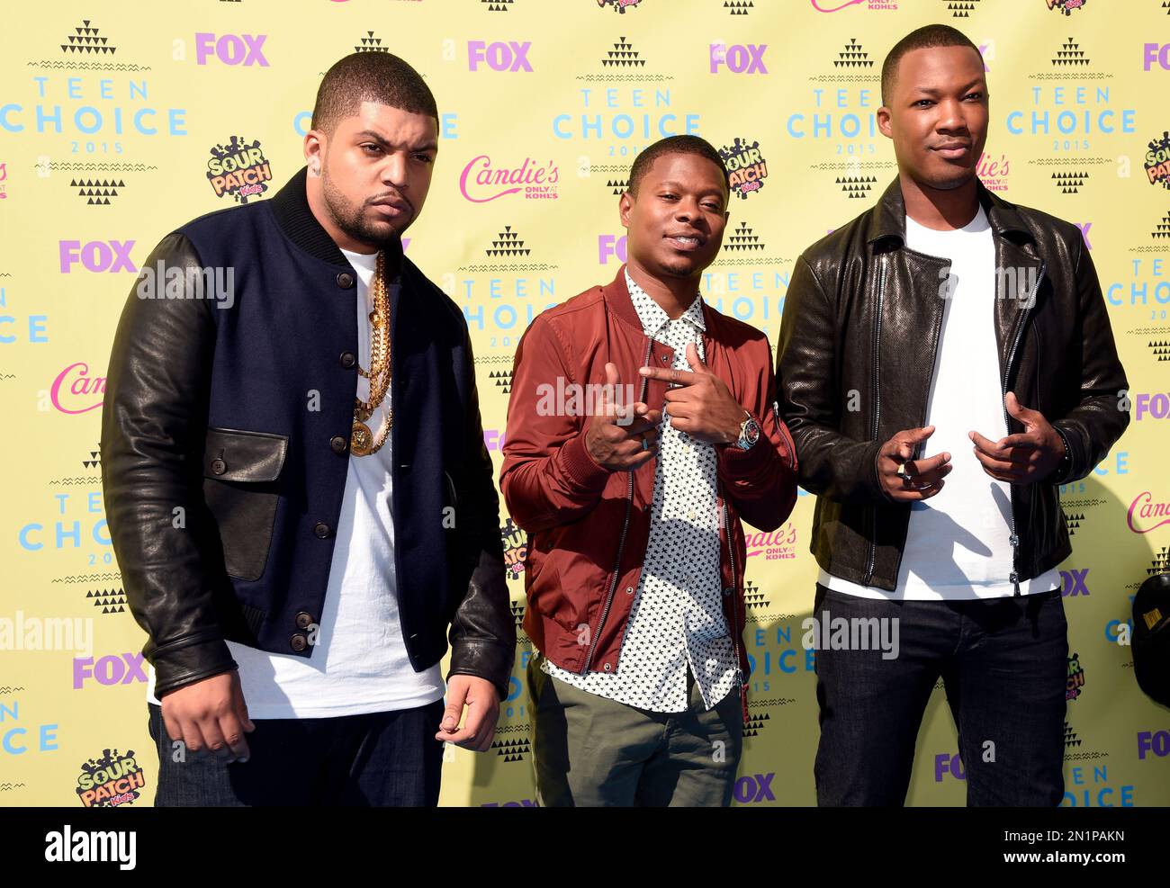 O'Shea Jackson Jr., from left, Jason Mitchell and Corey Hawkins arrive ...
