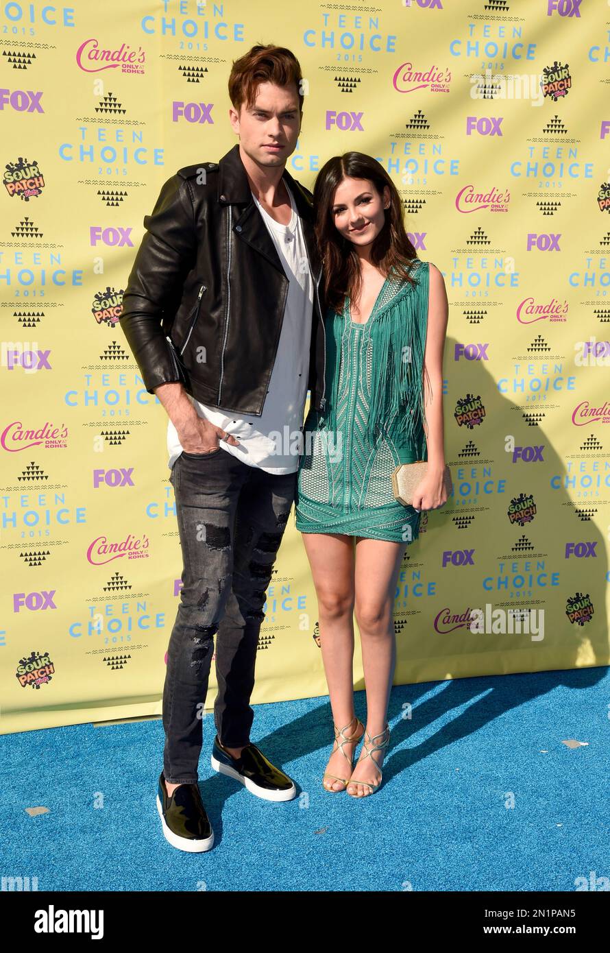 Pierson Fode, left, and Victoria Justice arrive at the Teen Choice ...