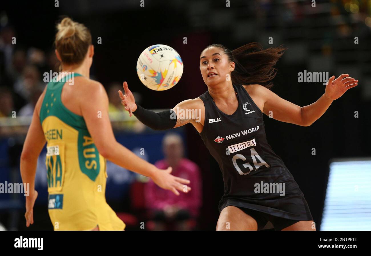 New Zealand's Maria Tutaia, right, catches the ball as Australia's ...