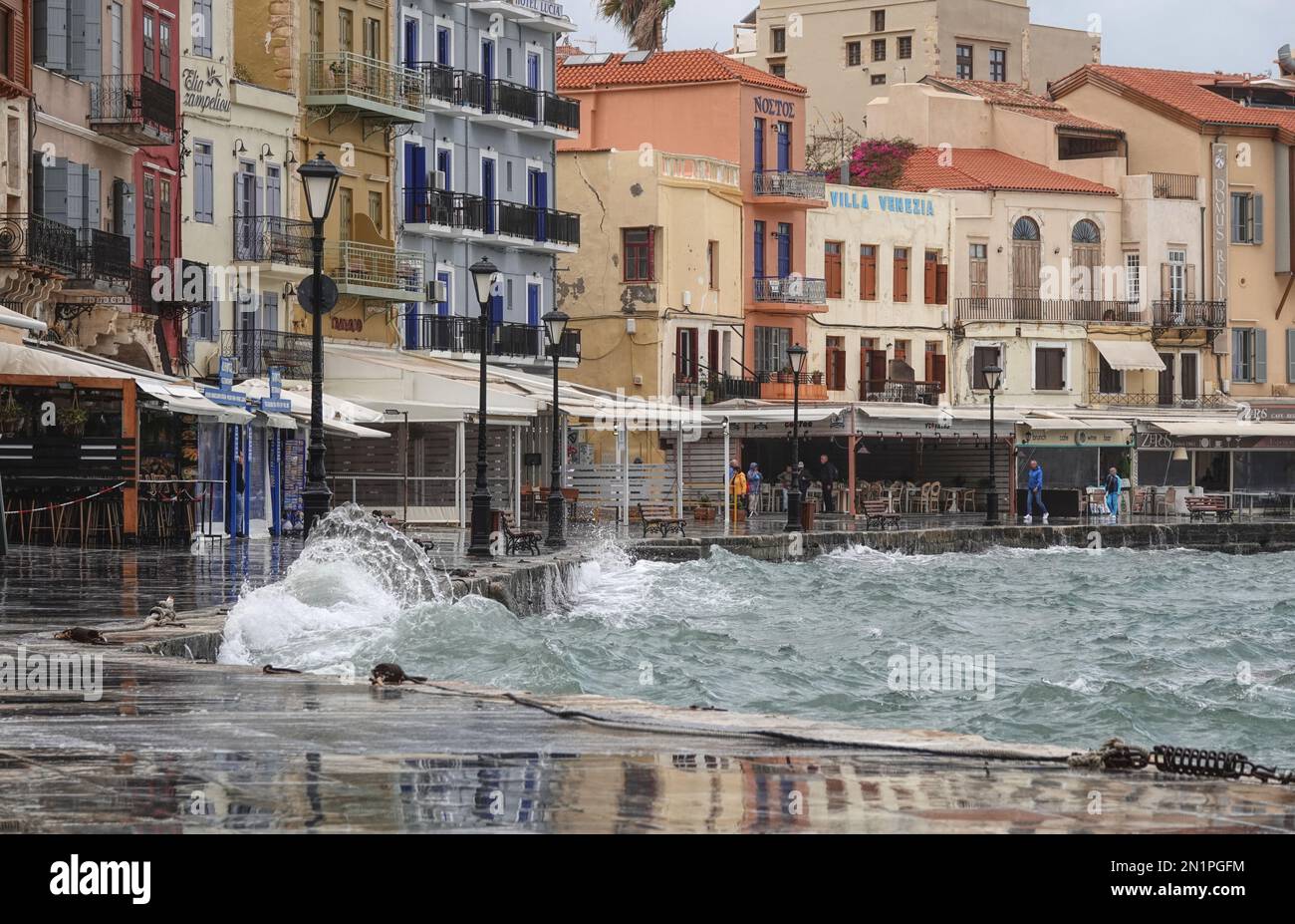 The Venetian harbour of Chania old town in Crete, Greece, after a heavy ...