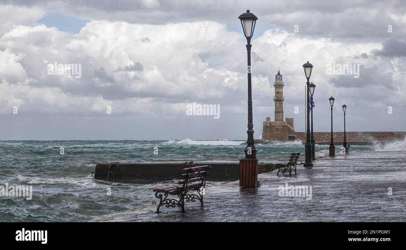 The Venetian harbour of Chania old town in Crete, Greece, after a heavy ...