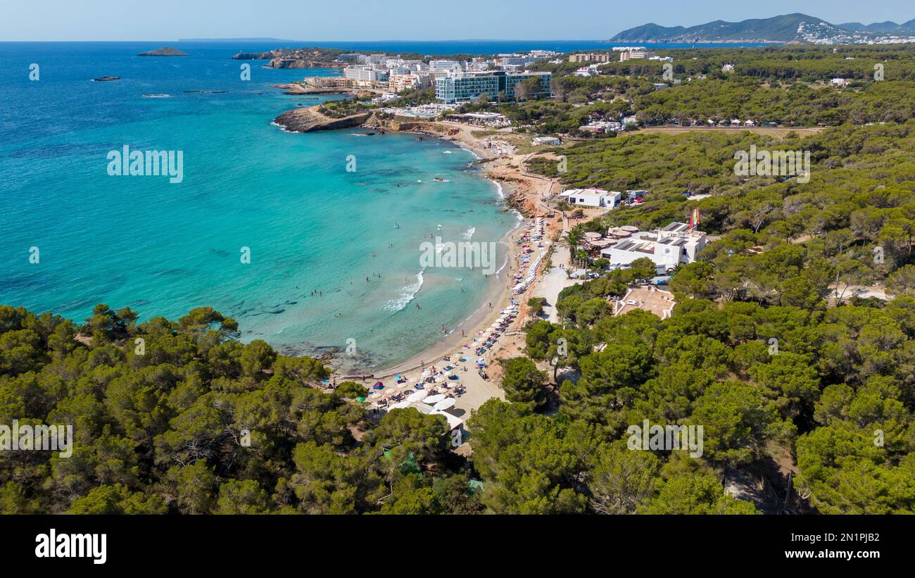 Aerial view of the hotels and beach at the holiday resort of Cala Nova ...