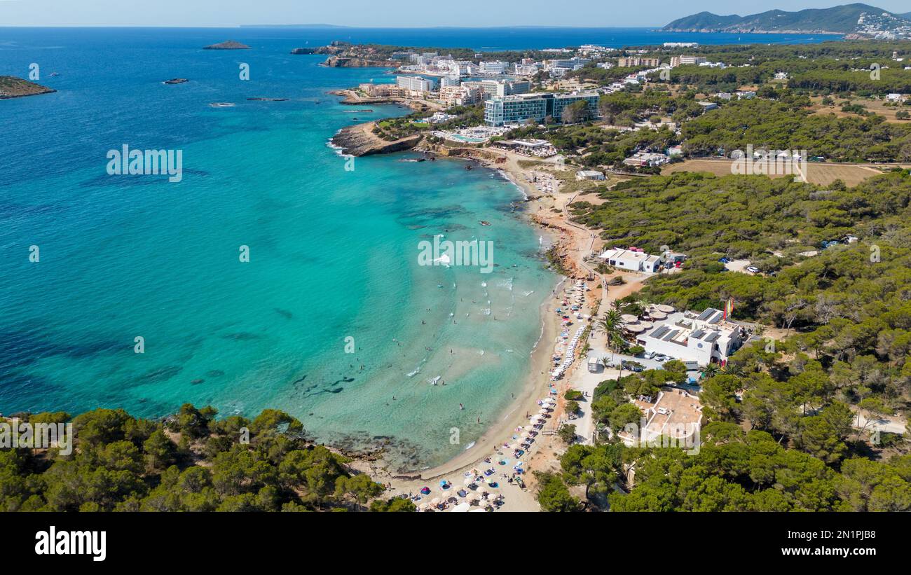 Aerial view of the hotels and beach at the holiday resort of Cala Nova in Ibiza,Spain Stock ...