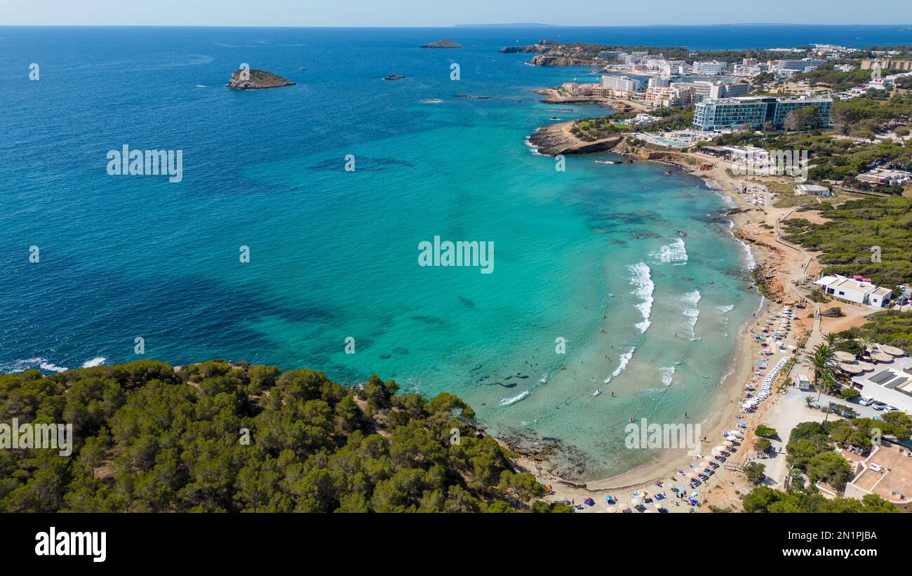 Aerial view of the hotels and beach at the holiday resort of Cala Nova ...