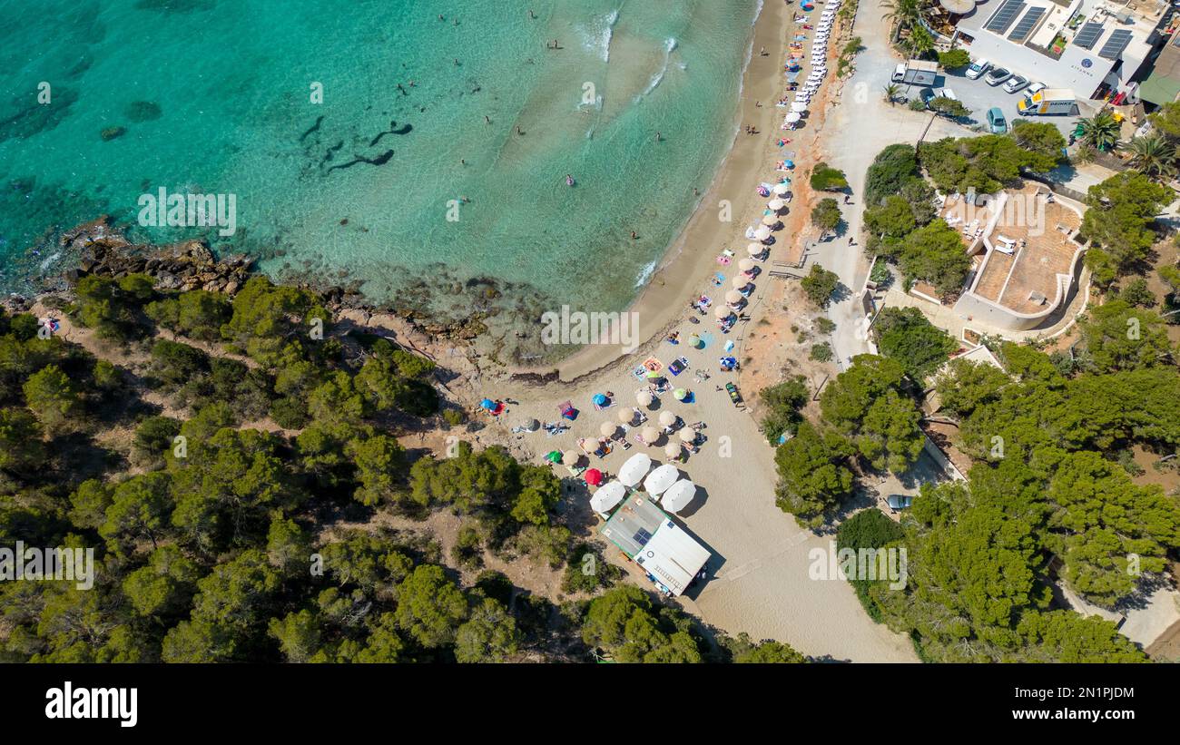 Aerial view of the hotels and beach at the holiday resort of Cala Nova in Ibiza,Spain Stock ...