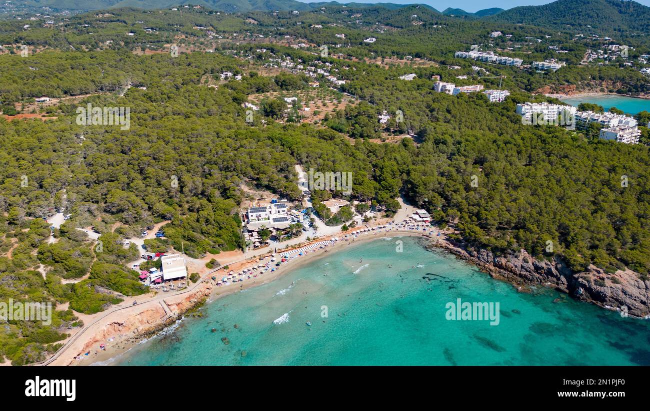 Aerial view of the hotels and beach at the holiday resort of Playa Es ...
