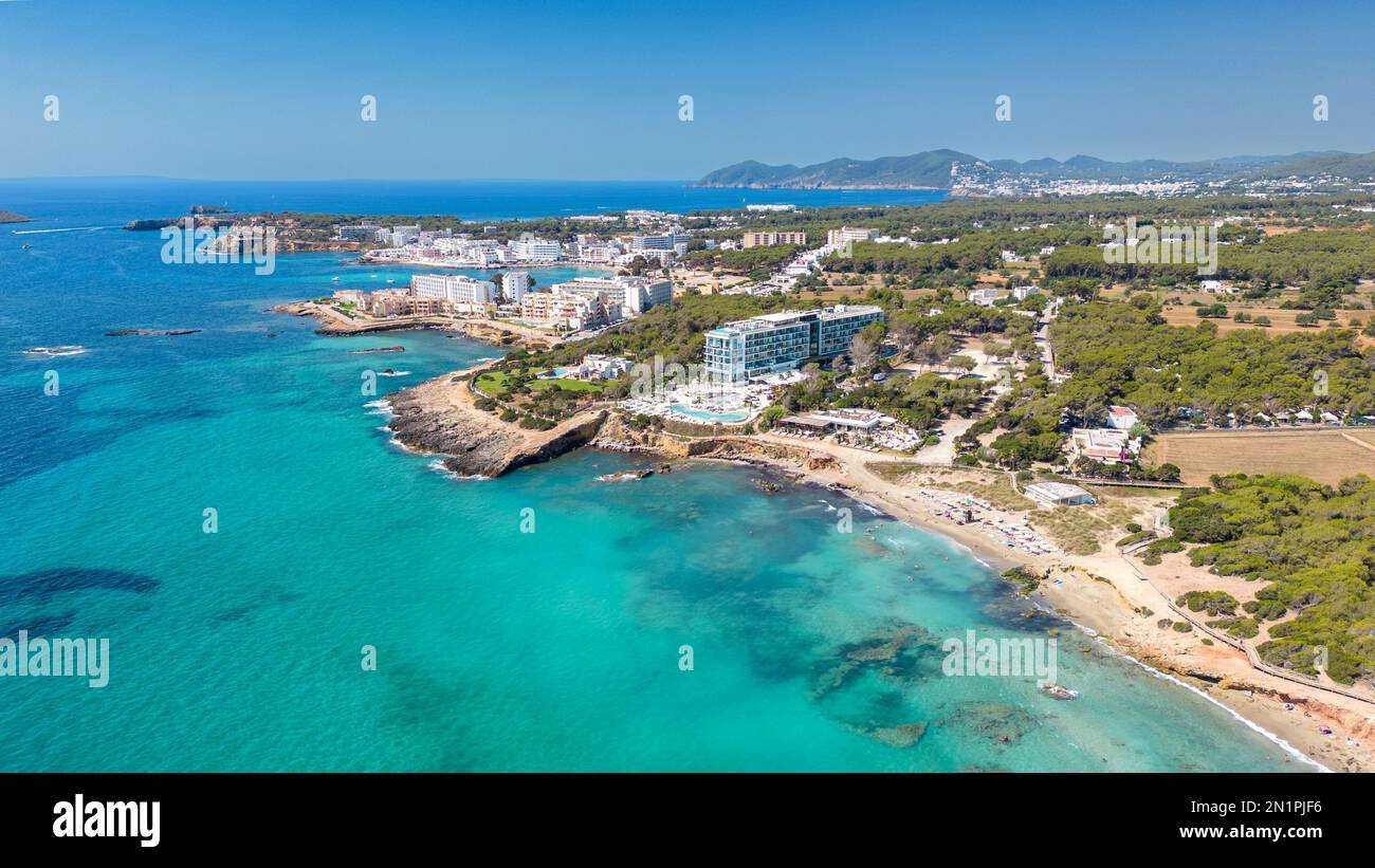 Aerial view of the hotels and beach at the holiday resort of Playa Es ...