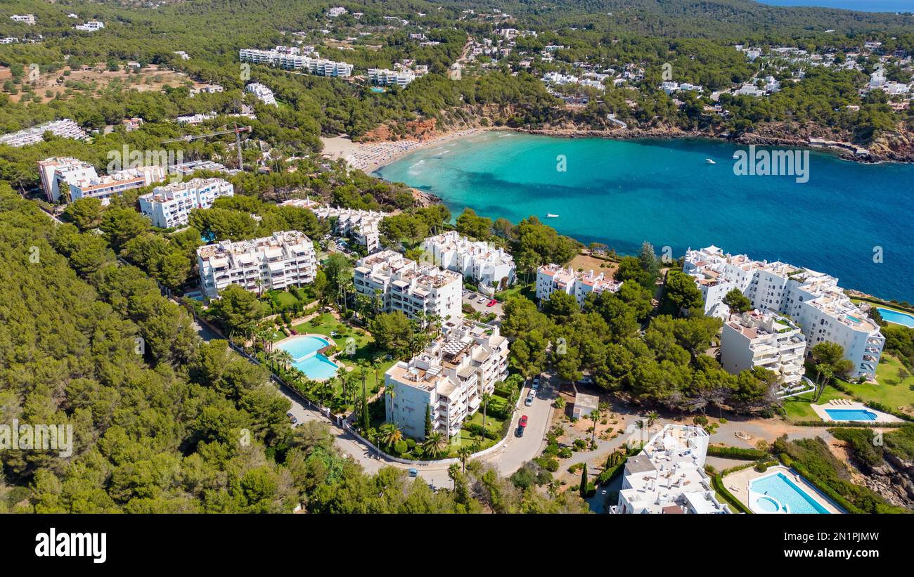 Aerial view of the hotels and beach at the holiday resort of Cala ...
