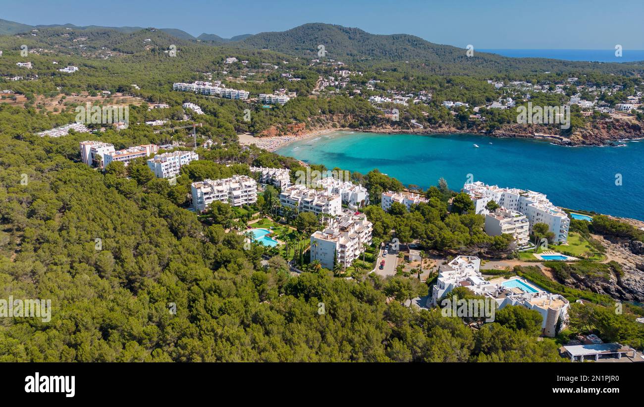 Aerial view of the hotels and beach at the holiday resort of Cala ...