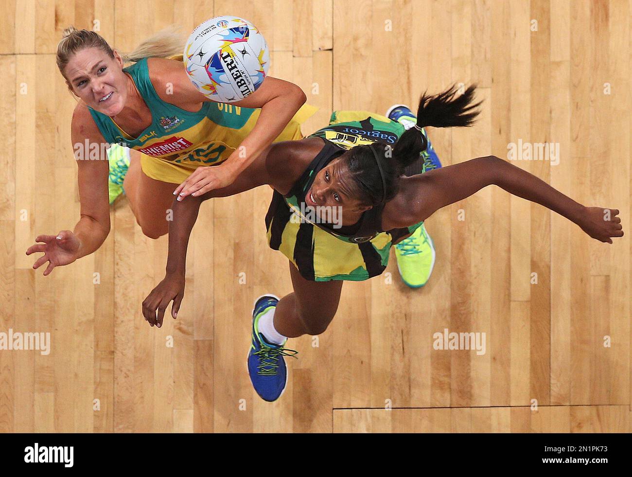 Australia's Catlin Bassett, right, and Jamaica's Stacian Facey jump to ...