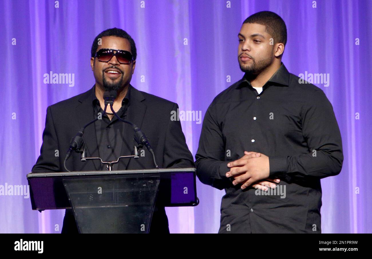Ice Cube, left, and O'Shea Jackson Jr. accept grants on behalf of ...